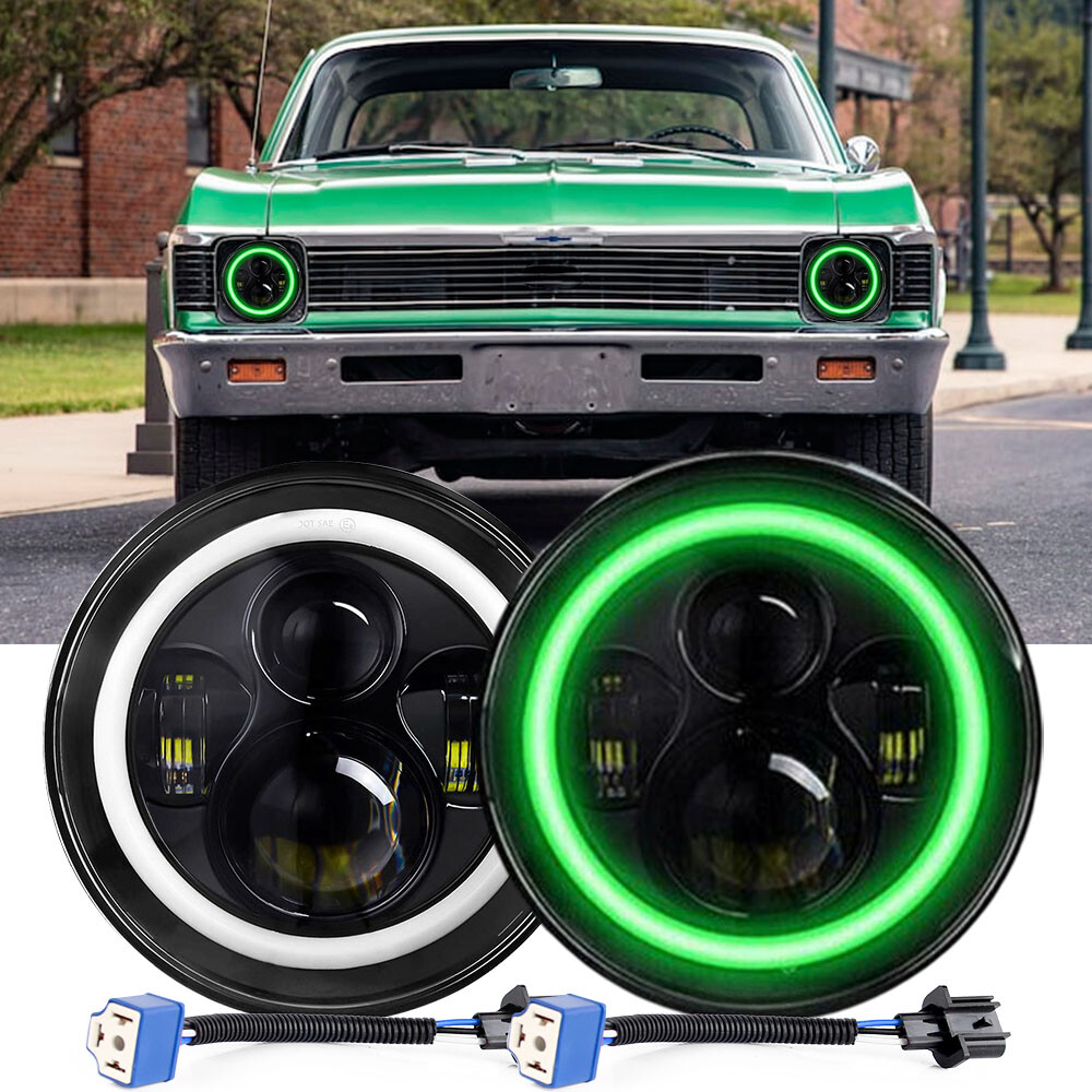 Green Halo 7" inch Round Led Headlights Fit for Chevrolet Chevy Nova ...