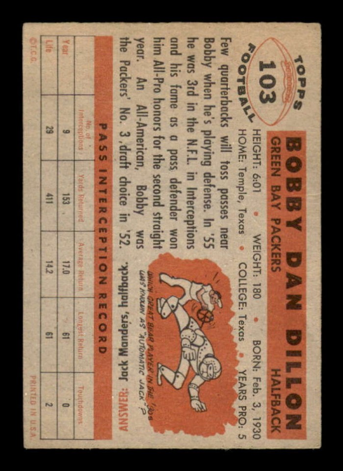 1956 Topps #103 Bobby Dillon VG/VGEX Packers 552828 | eBay