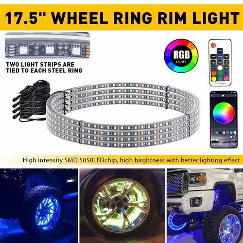 4X 17.5" Double Side Row LED Wheel Ring Lights Bluetooth Color RGB Rim ...