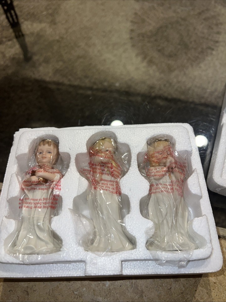 VTG NIB Set of 3 Porcelain Mini Guardian Angel Figurines Gold Halo 4.5 ...