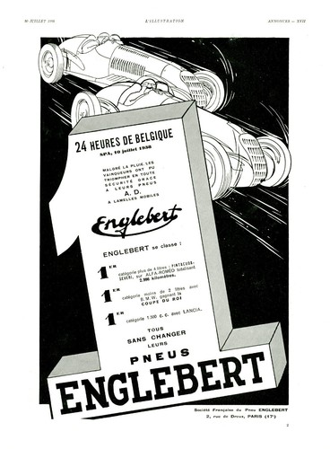 Publicité ancienne pneu Englebert 24 heures Belgique 1938 issue de ...