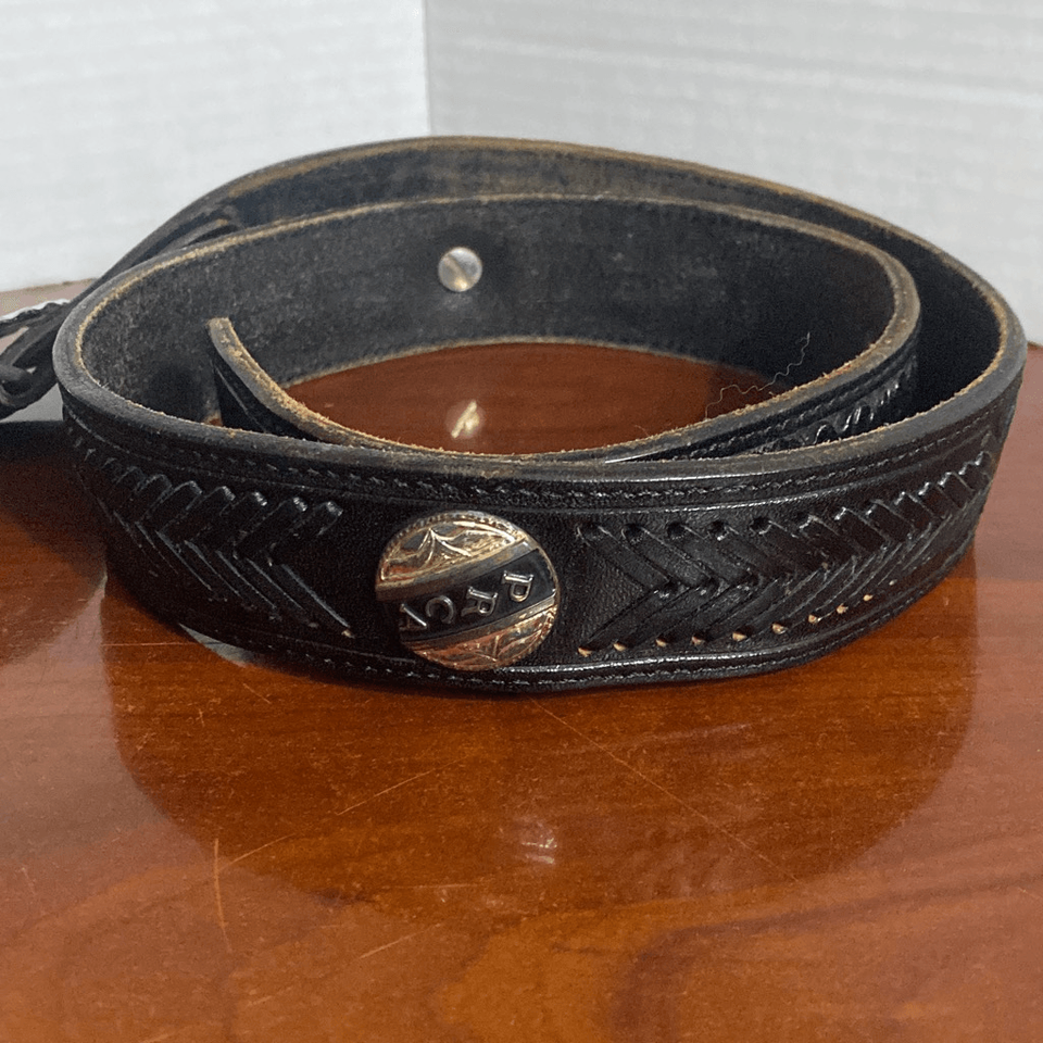 PRCA Rodeo Black Tooled Leather Belt Metal Buckle with Mother of Pearl ...