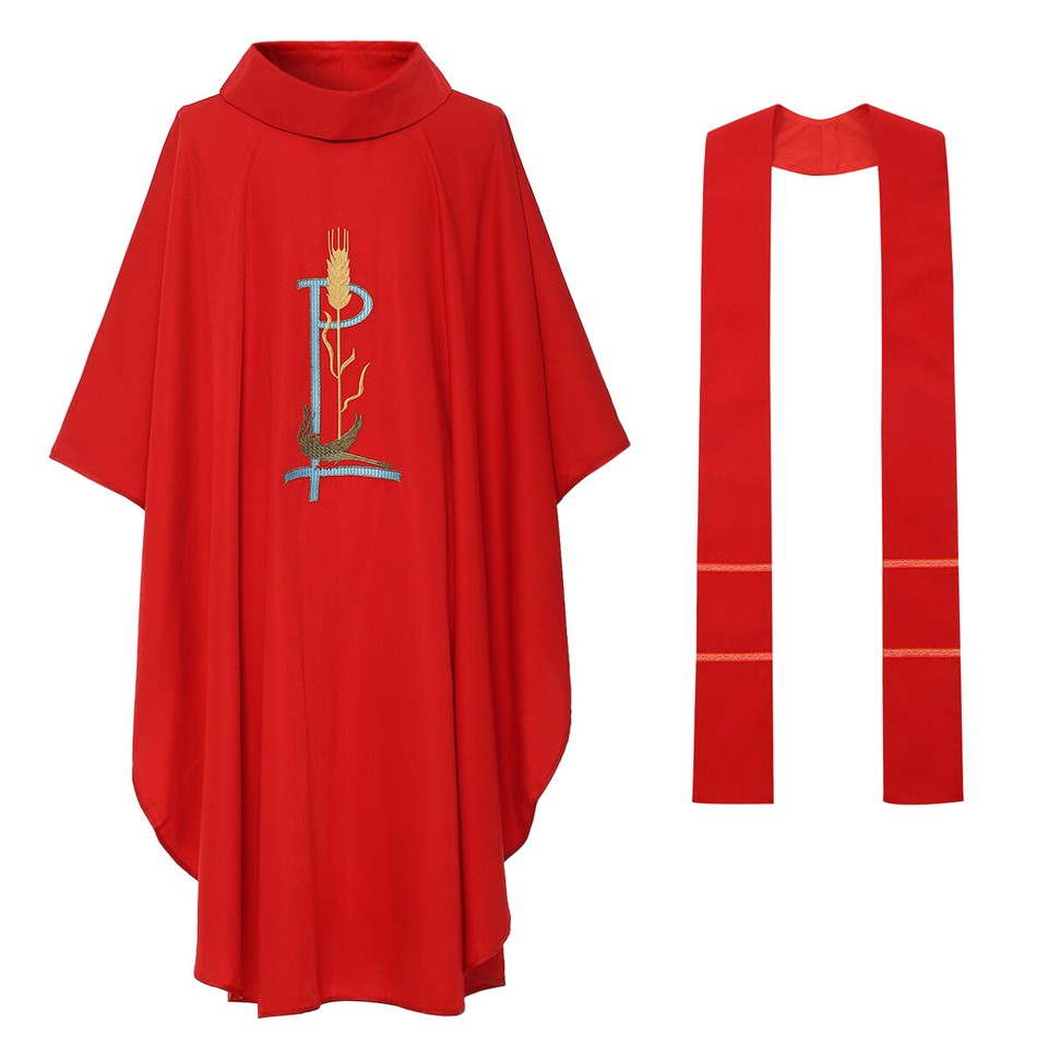 Catholic Red Chasuble with Bird Wheat Embroidered Priest outer Vestment ...