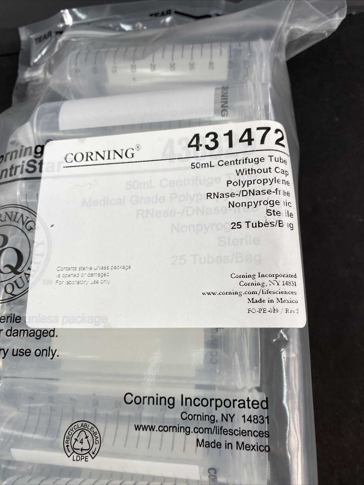 Sleeve of 25 Corning Conical Centrifuge Tubes Sterile 50 Ml No Cap ...