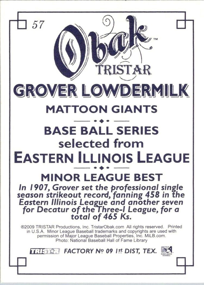 Baseball Card Grover Lowdermilk Mattoon Giants Eastern Illinois League ...