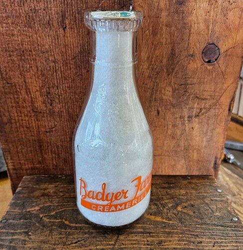 Rare ANTIQUE Glass Milk Bottle BADGER DAIRY FARM CREAMERY ☆1Qt ...