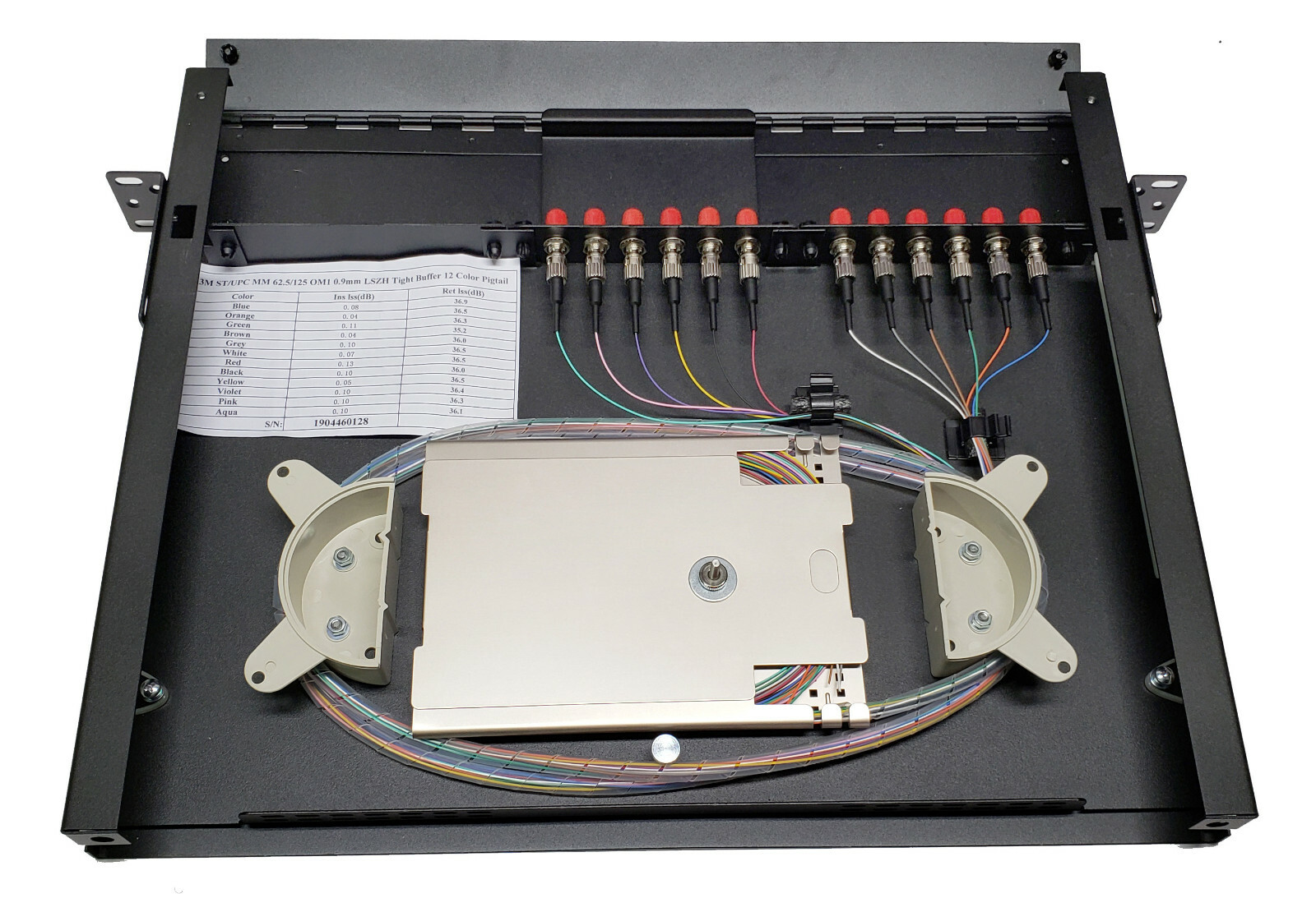 12 Fiber 1RU Rack Mount Loaded w/ 12 ST Adapters, 62.5 Multimode ...