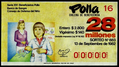 CHILE, LOTTERY TICKET, "POLLA CHILENA", GAME # 883, YEAR 1982, NUMBER ...