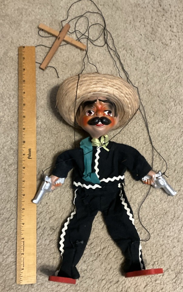 Marionette Mexican Gunfighter Mariachi String Doll With Sombrero, Hand ...