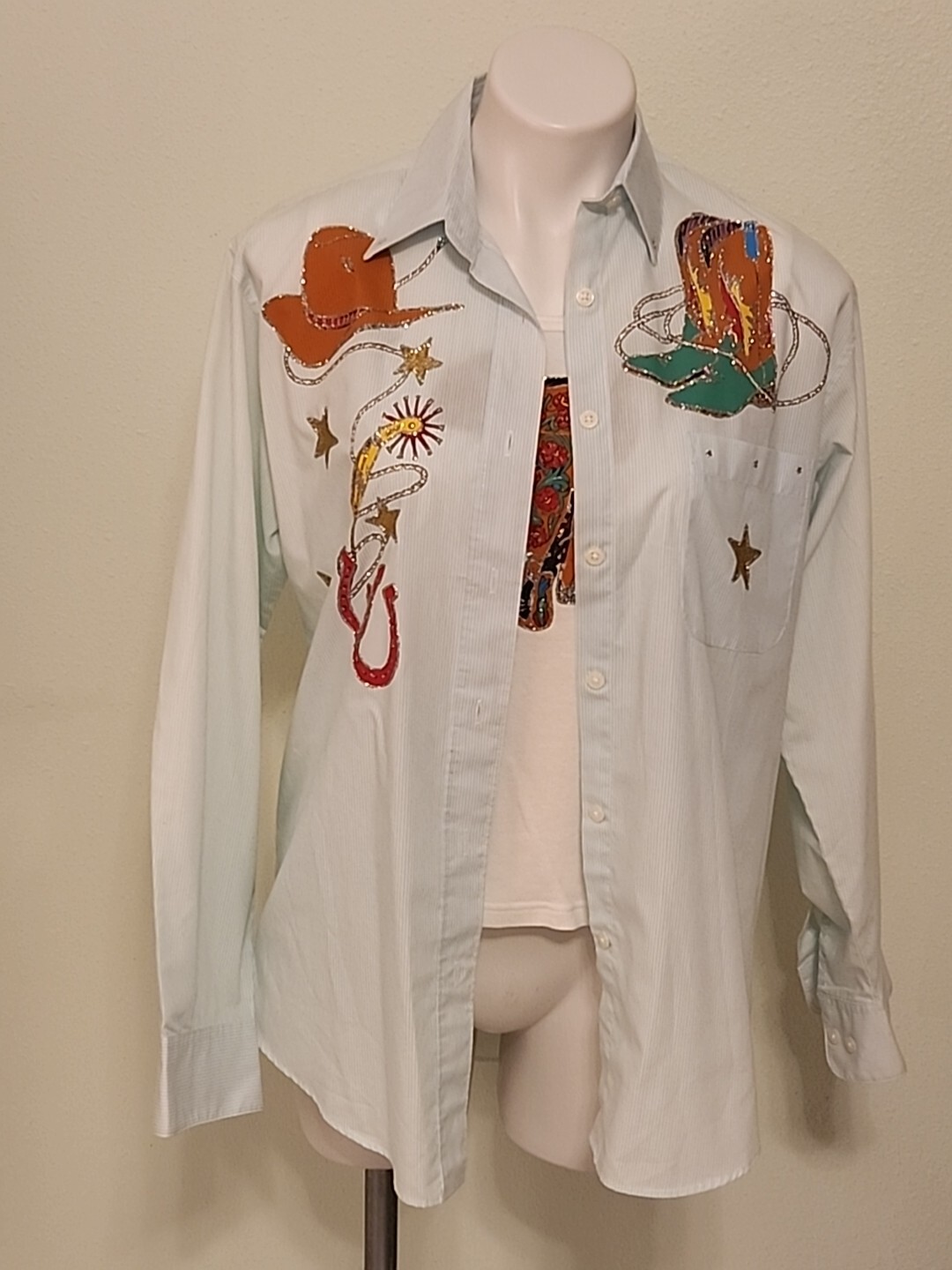 Vtg Las Olas Western Glittery Appliques Blue Pin Stripe Blouse Set w ...