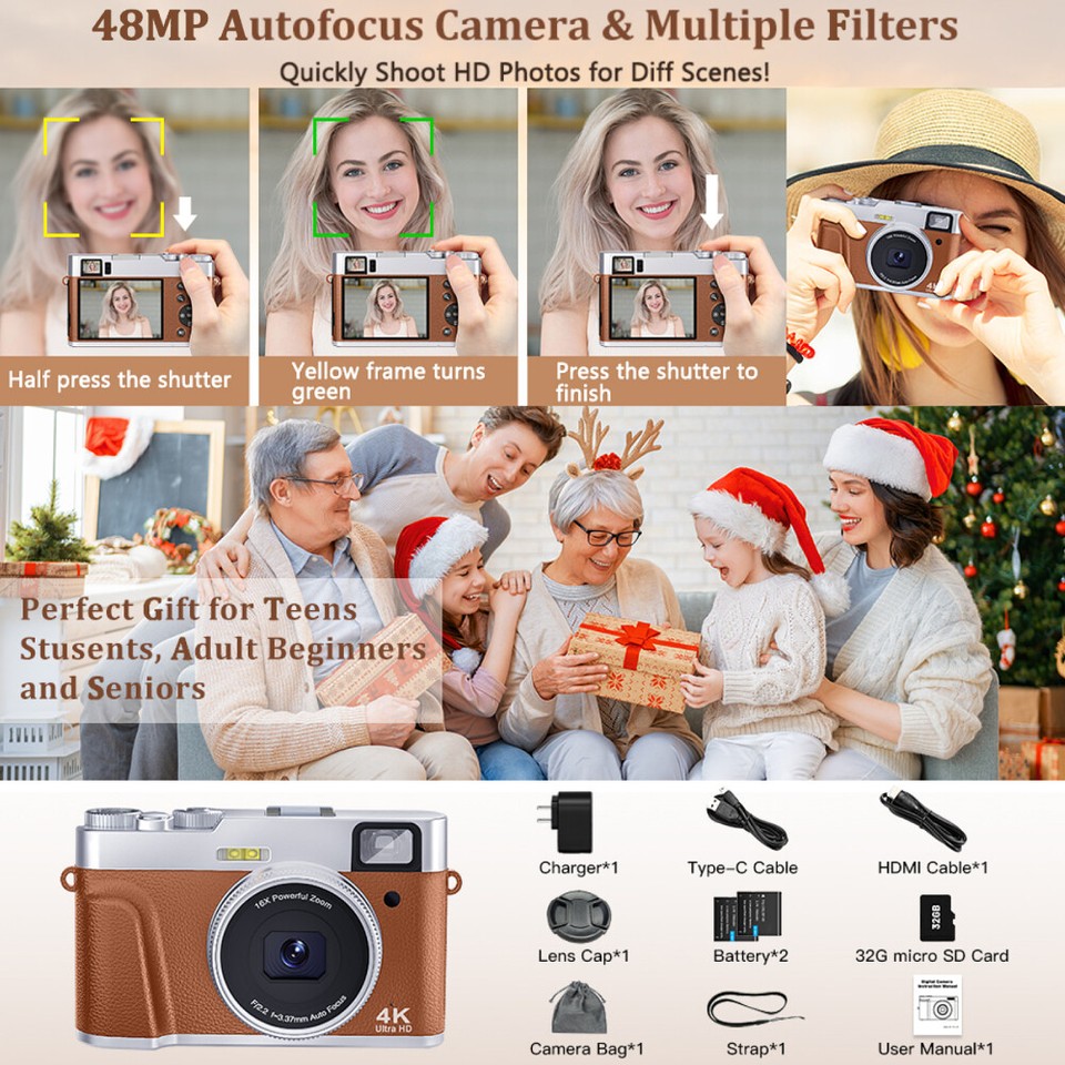 4K Digital Camera with Viewfinder & Flash Autofocus 48MP Cameras for ...