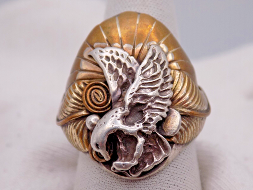 BRASS ON STERLING SILVER NAVAJO NATIVE EAGLE BIKER RING AMAZING QUALITY SZ 12 | eBay