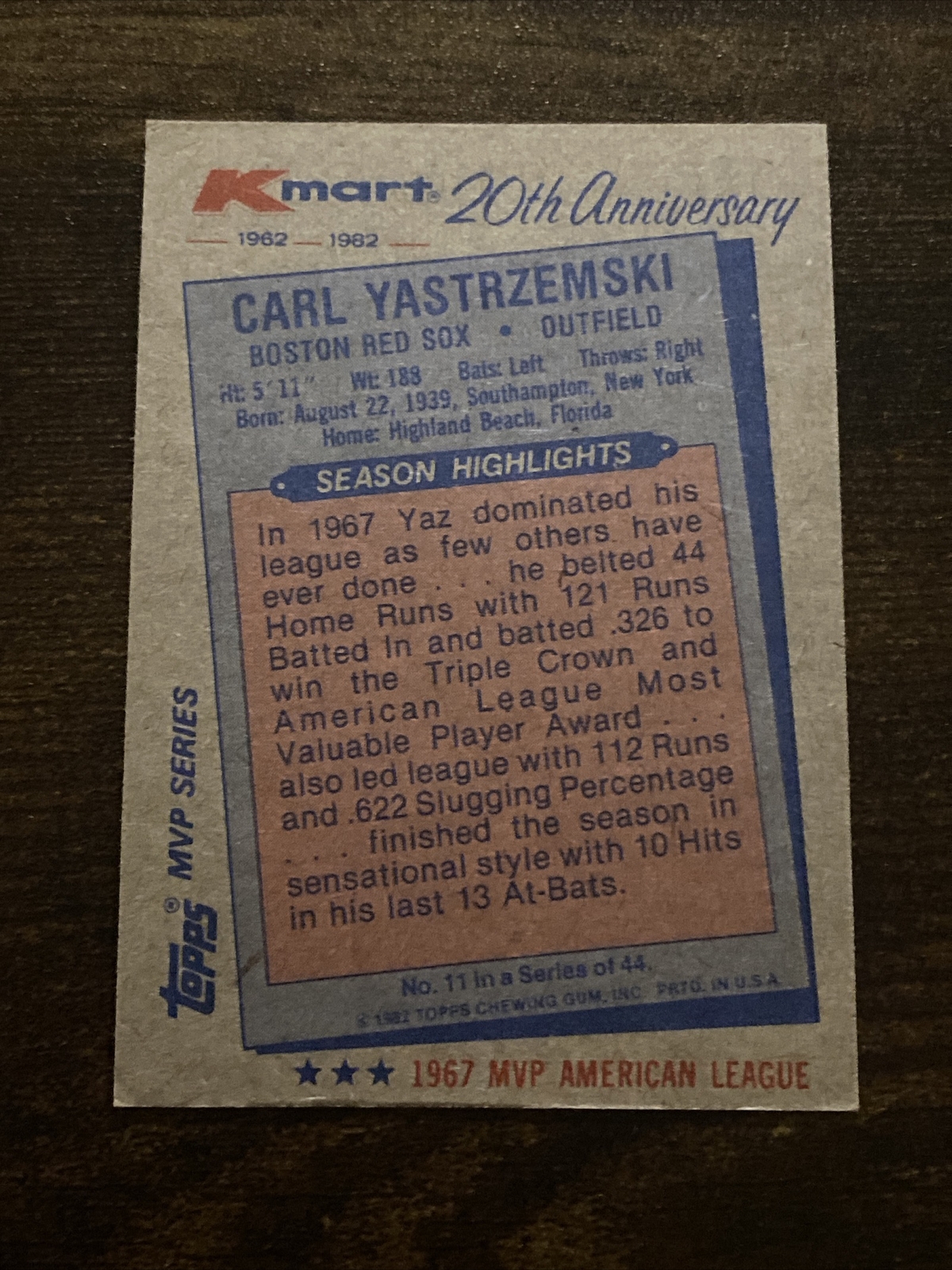 1982 Topps Kmart 20th Anniversary Carl Yastrzemski Boston Red Sox #11 ...