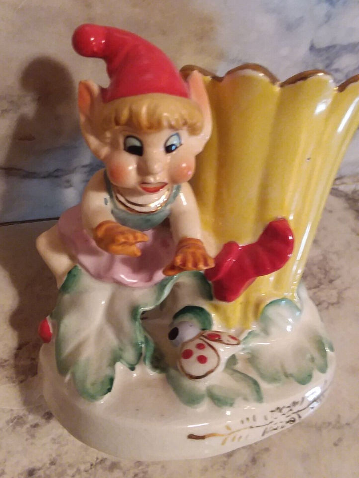 Vntg Silver China Ceramic Pixie GIRL Shelf ELF Catching Ladybug Planter ...