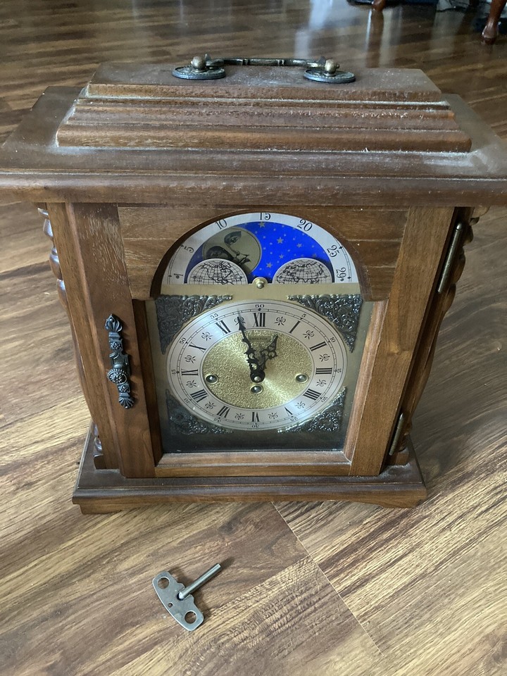 Moon Phase Emperor Walnut Mantel Clock w Key | eBay