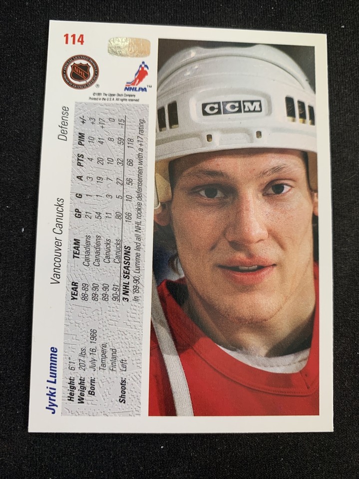 1991-92 Upper Deck Hockey Card #114 Jyrki Lumme Vancouver Canucks NmMt ...