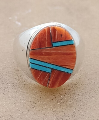 Navajo ORANGE SPINY OYSTER Inlay Men's Ring Size 10.5 Wilbert Gray ...