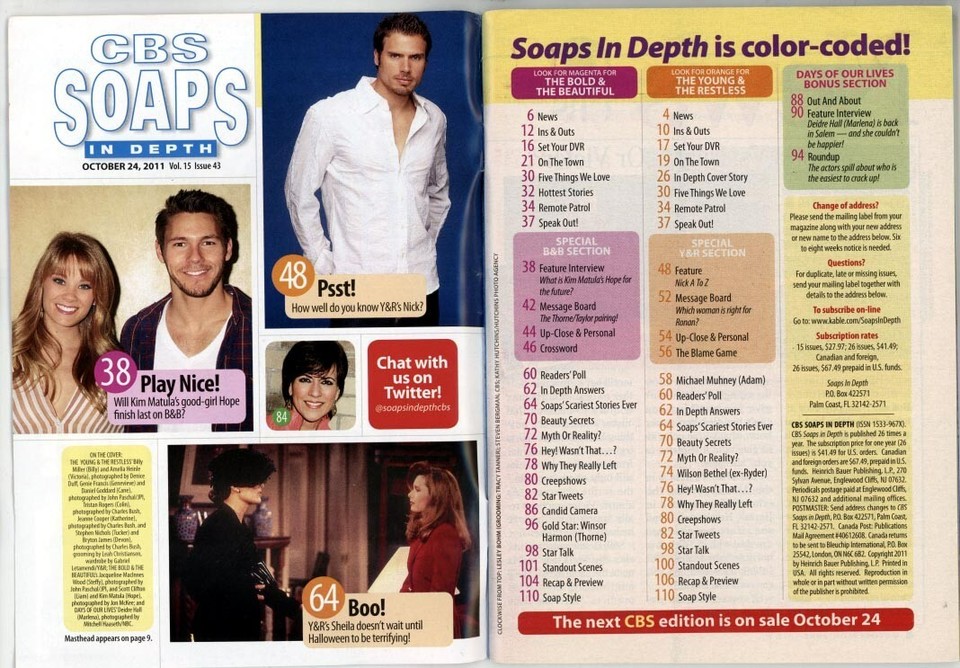 CBS SOAPS IN-DEPTH October 24, 2011 Deidre Hall, Kim Matula, Michael ...