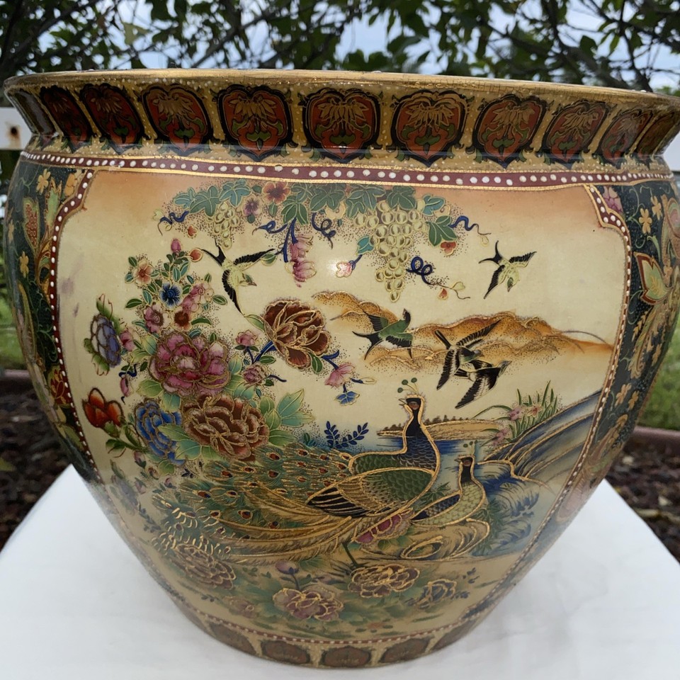 Big Vintage Royal Satsuma Hand Painted 16”x14”Porcelain Fishbowl ...
