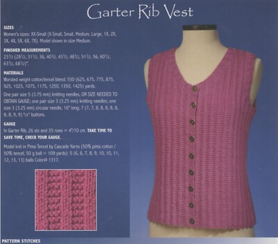 Vermont Fiber Designs Knitting Pattern 160 Garter Rib Vest - Women 23.5 ...