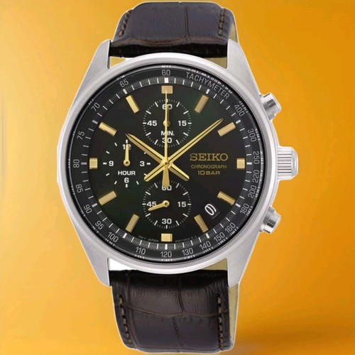 Seiko Quartz Chronograph Watch with Green Dial and Brown Leather Strap ...