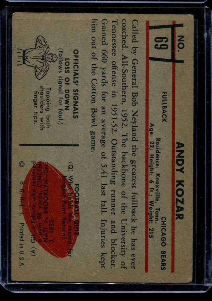 1953 Bowman Football #69 Andy Kozar VG Tennessee LOOK! | eBay