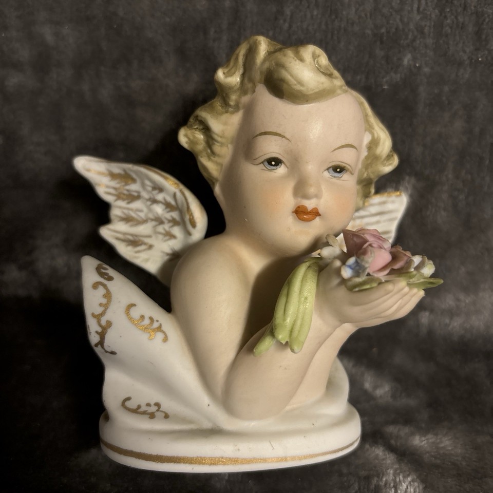 Two RareJapan VTG Lefton Angel Cherub Figurines KW1415 Floral Hand ...