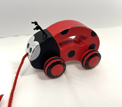 ⭐️ J'adore Paris Lala Ladybug Natural Wood Animal Wheeled Pull Toy w ...
