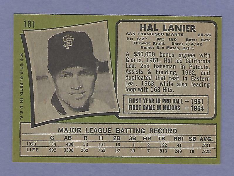 1971 Topps - #181 Hal Lanier - San Francisco Giants - ExMt | eBay