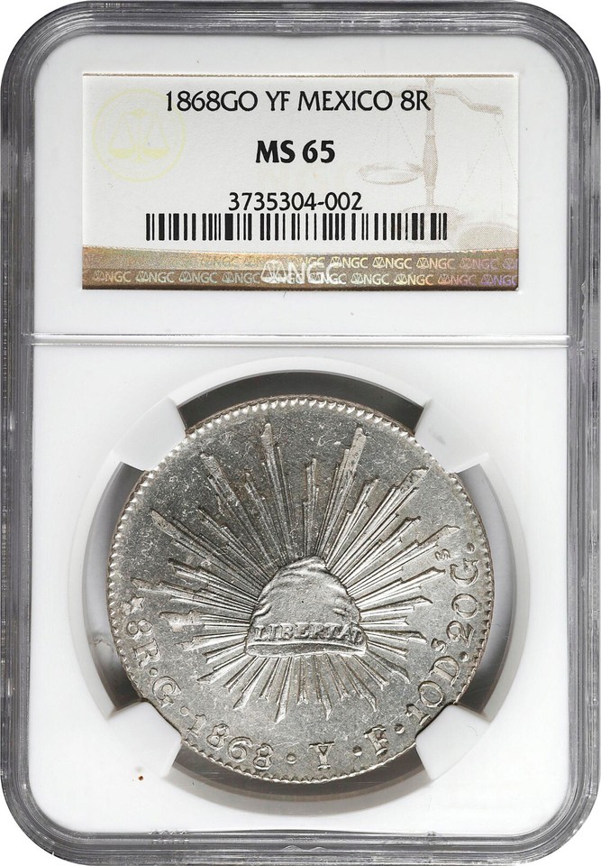 Mexico Silver 8 Reales 1868 Go YF Guanajuato Mint. NGC MS-65! Stunning ...