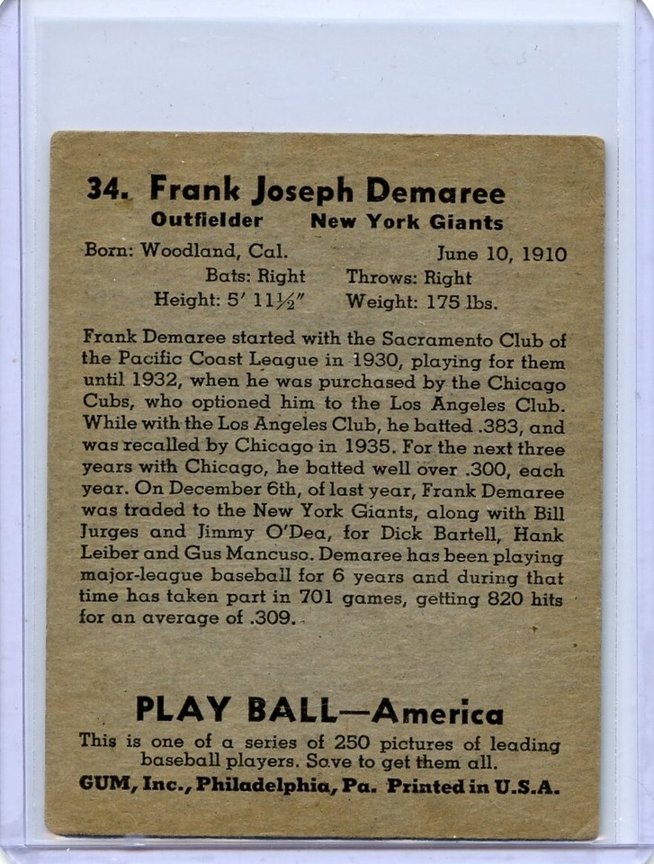 1939 Play Ball Frank Demaree New York Giants #34 🚀😳💥 EX | eBay