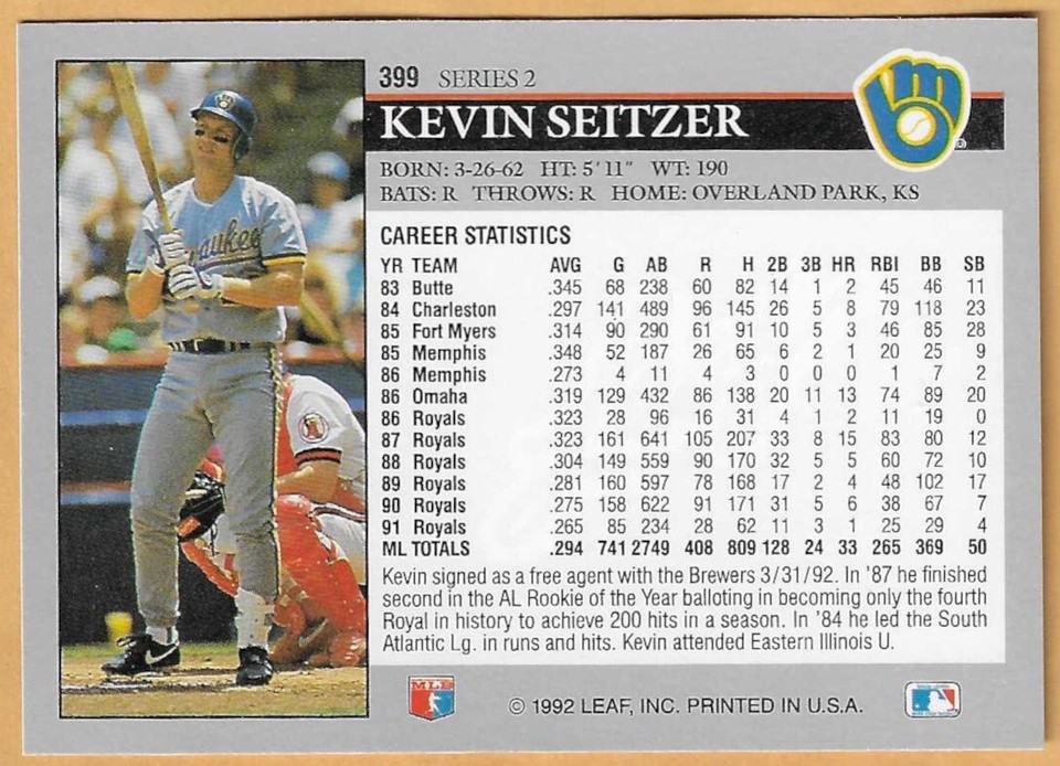 KEVIN SEITZER MILWAUKEE BREWERS #399 - LEAF NM-MT 1992 | eBay