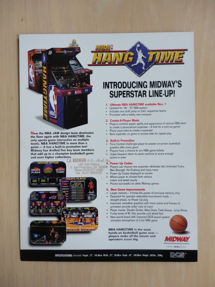 NBA Hang Time Video Arcade Machine Flyer Original Midway Brochure | eBay