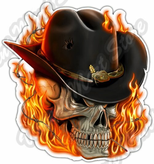 Flaming Cowboy Skull Fire Hat Flame Car Bumper Window Vinyl Sticker ...