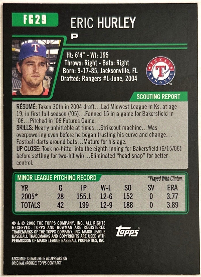 2006 Bowman Draft Futures Game Relics Eric Hurley #FG29 | eBay
