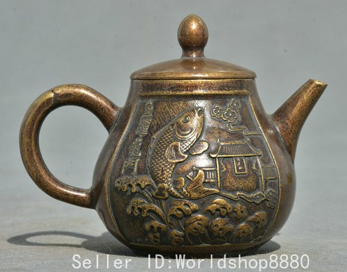 4.4" Marked Old Chinese Bronze fish leap Dragon door Wine Tea Pot ...