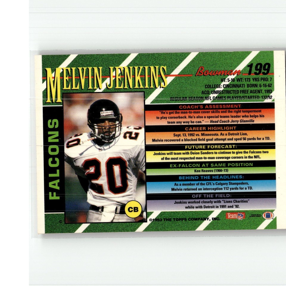 1993 Bowman NFL Football Rookie Card #199 Melvin Jenkins CB #20 Atlanta ...