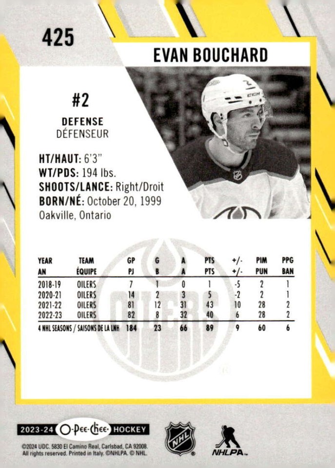 2023-24 O-Pee-Chee Yellow Border #425 Evan Bouchard Edmonton Oilers | eBay