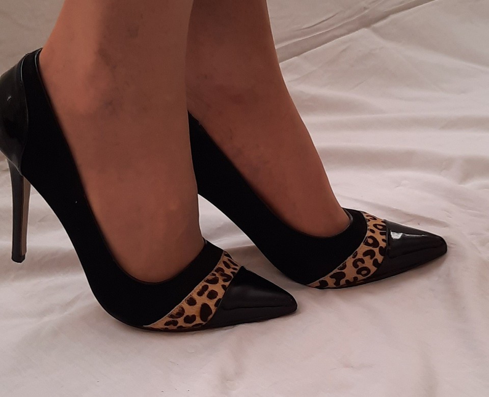 Atmosphere Black Faux Suede with Animal Print Stiletto Heel Shoes Worn ...
