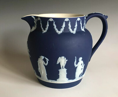 Wedgwood dark blue jasperware pitcher greek goddess cherubs trees ...