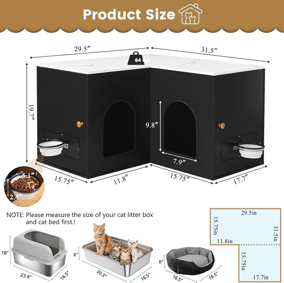 Corner Litter Box Enclosure for 2 Cats, 31.5" Hidden Cat Litter Box ...