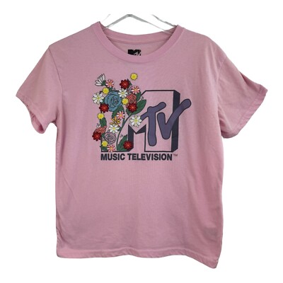 MTV T Shirt Womens Large Short Sleeve Pink Embroidered Flowers Music ...