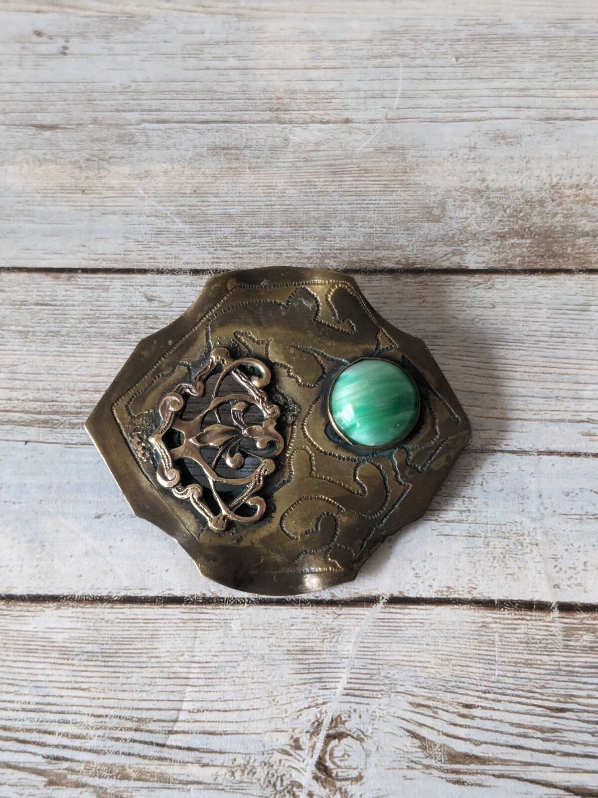 Antique Max Neiger Brothers Czech Bronze Brooch Green… - Gem