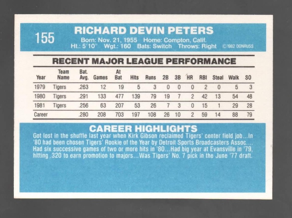 1982 Donruss Rick Peters Detroit Tigers #155 Near Mint or Better | eBay