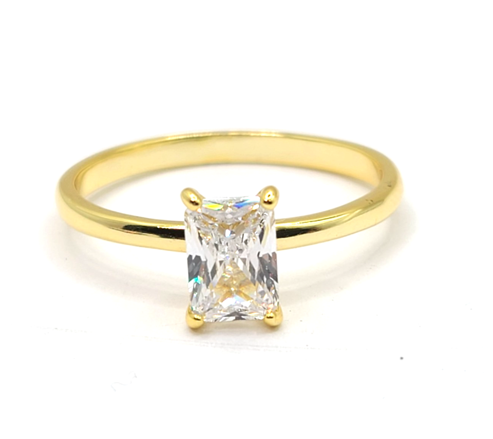 Radiant Cut Simulated Diamond Solitaire Rectangle Gold Plated Sterling ...