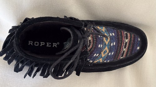 Womens Roper Brand Black Suede Lace Up Aztec Fringe Ankle Boots ...