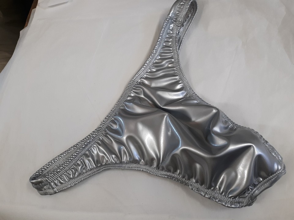 Mens shiny Thong Swimsuits PVC s m l or xl silver lined silver satin | eBay