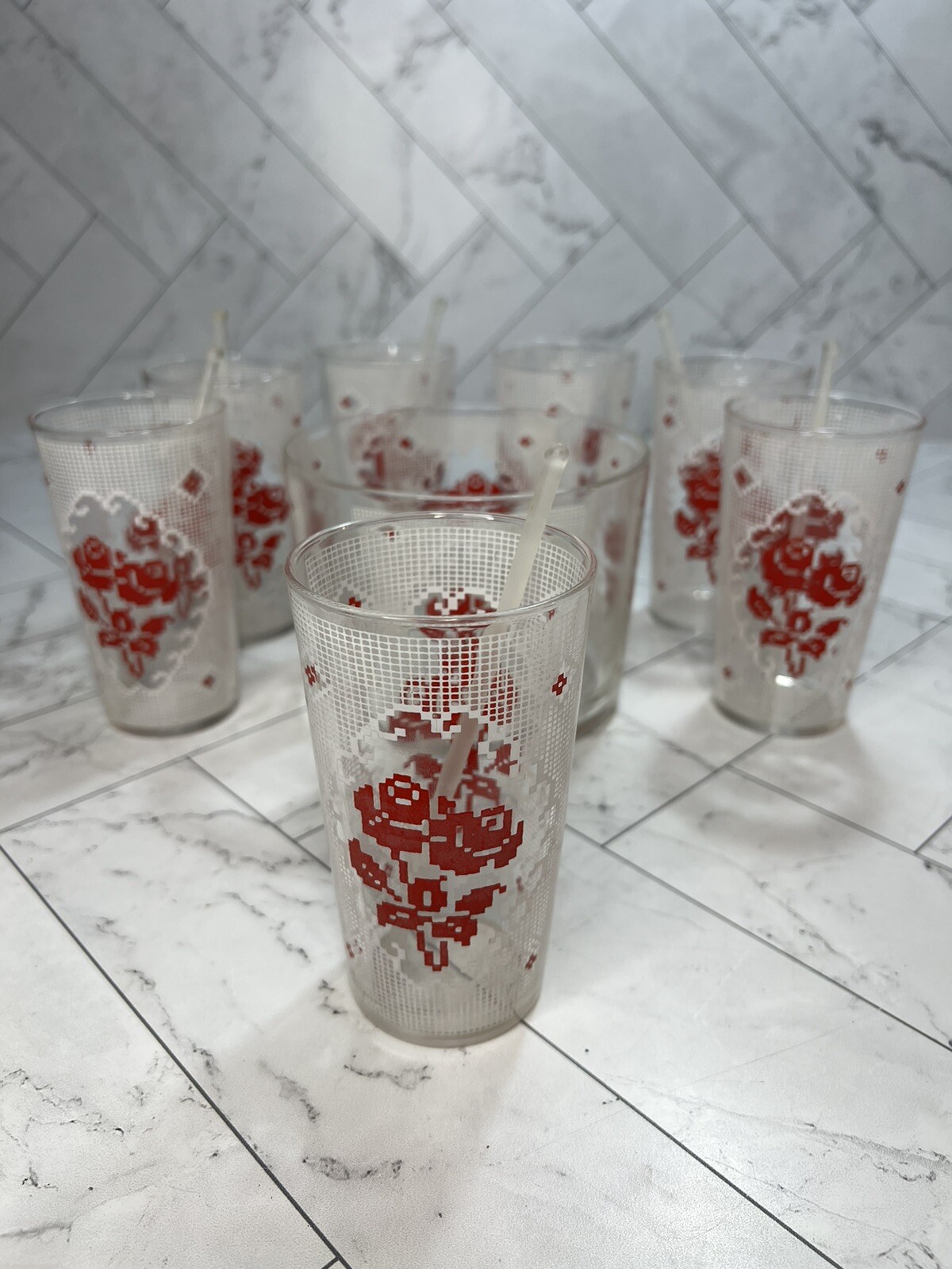 Vintage Needle Point Red Rose Pattern Glass Set Of 14 | eBay