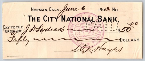 Norman, Oklahoma Territory 1905 $50 "City National Bank" Check - Scarce ...