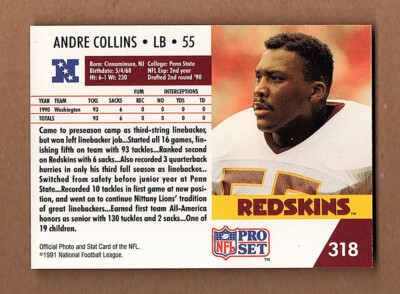 1991 Pro Set #318 ANDRE COLLINS / Washington Redskins - Missing NFLPA ...